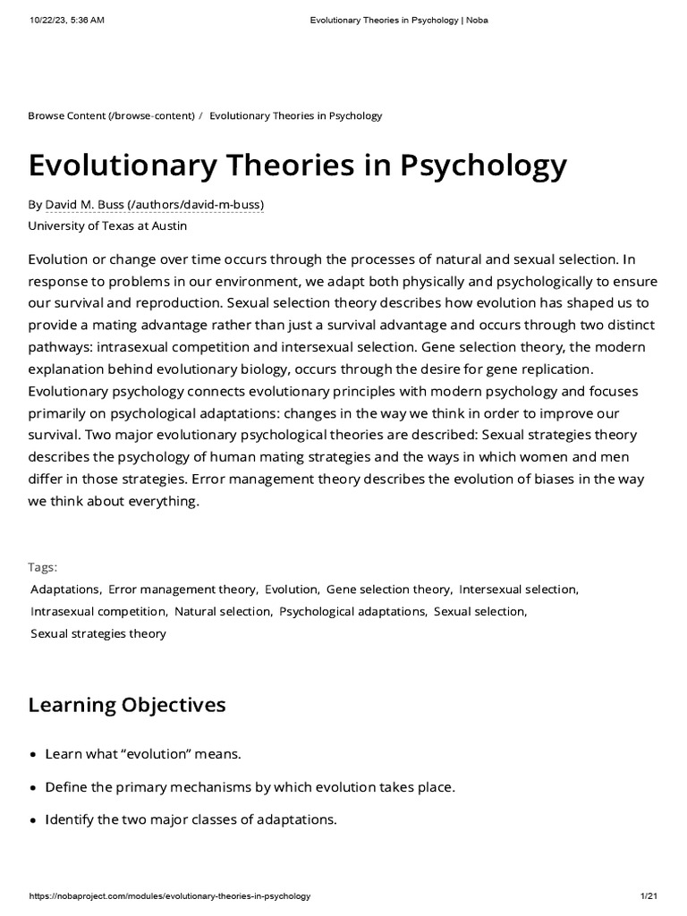 Evolutionary Theories in Psychology - Noba | PDF