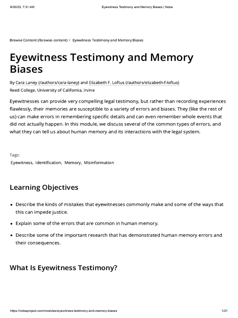 Eyewitness Testimony and Memory Biases - Noba | PDF