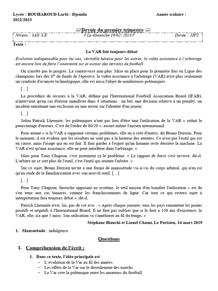 Devoir Du 2ème Trimestre (3AS) - 2023 | PDF