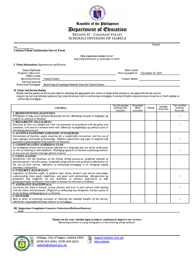 Client Satisfaction Survey Form 1 | PDF