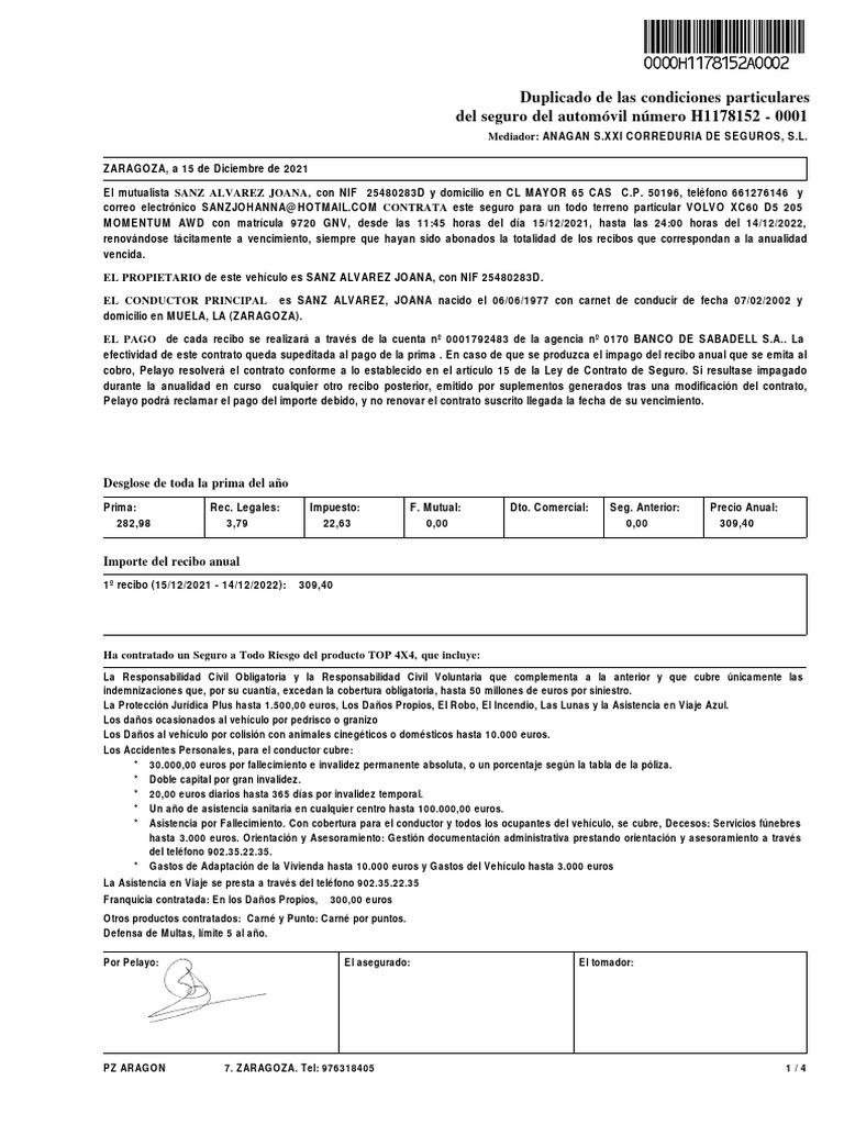 Poliza Pelayo Volvo 9720 GNV | Descargar gratis PDF | Seguro | Póliza de seguros