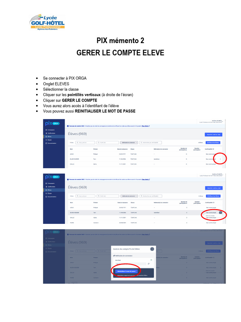 PIX Mémento 2 Gérer Le Compte Élève | PDF PIX Mémento 2 Gérer Le Compte Élève | PDF