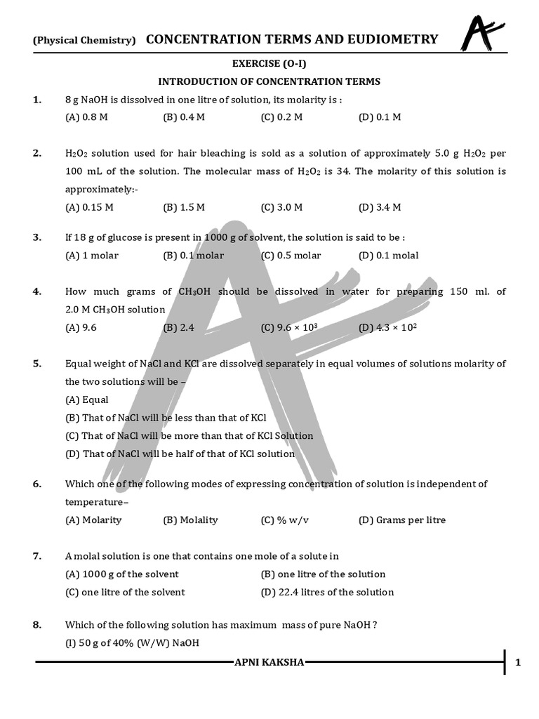 Concentration Terms and Eudiometry: (Physical Chemistry) Exercise (O-I) Introduction of ...