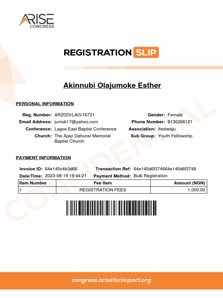 Arise Congress 2023 Registration Slips | PDF | Payments | Corporate Governance