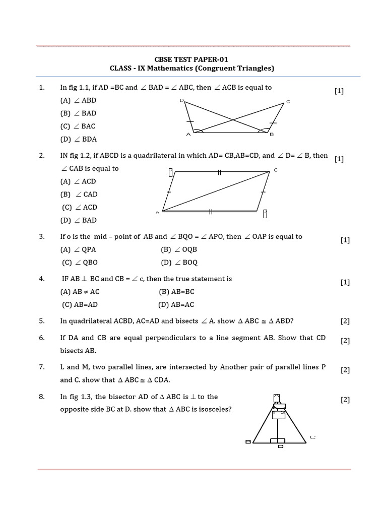 Congruent Triangles Imp Question Paper 1 | PDF