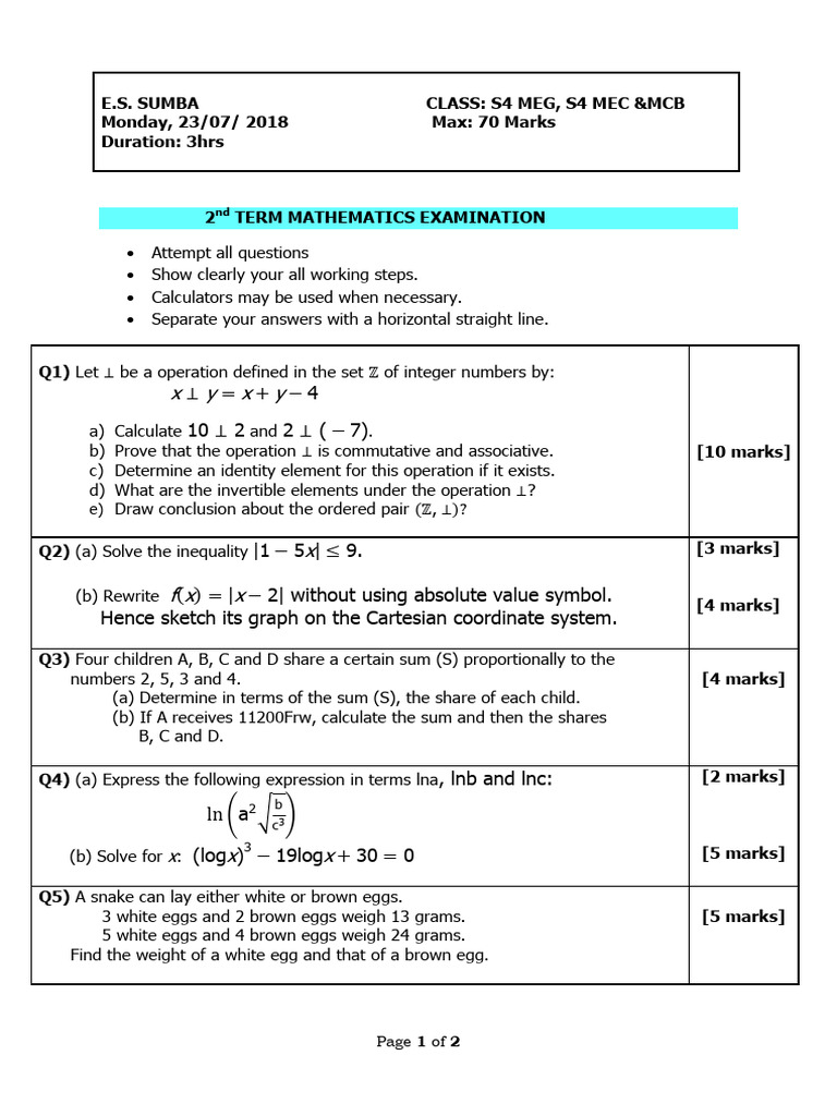 High School Math Exam | PDF