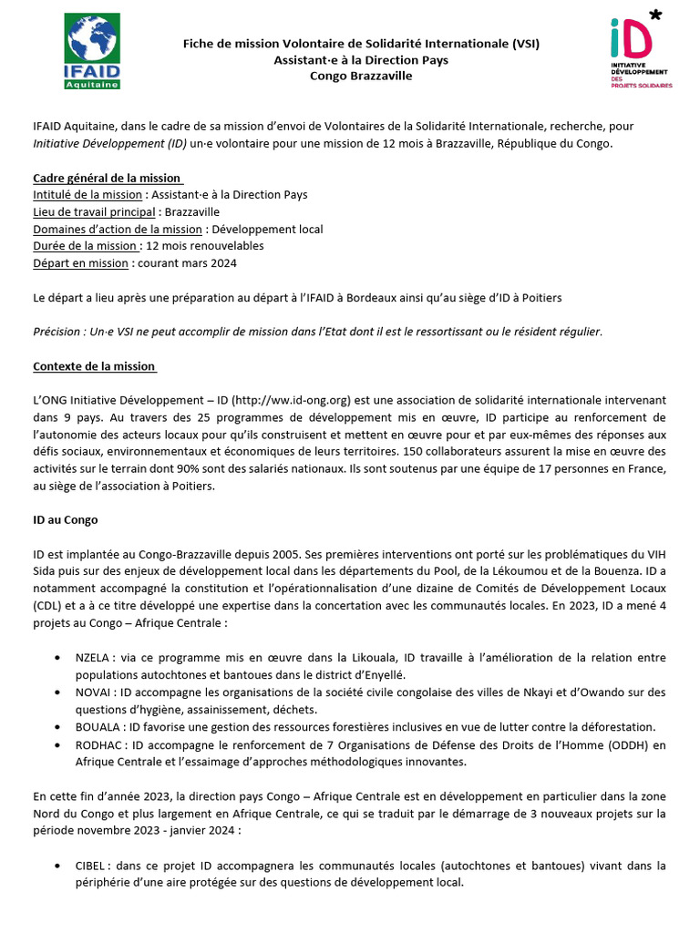 Fiche de Mission VSI ID - Congo - ADP | PDF