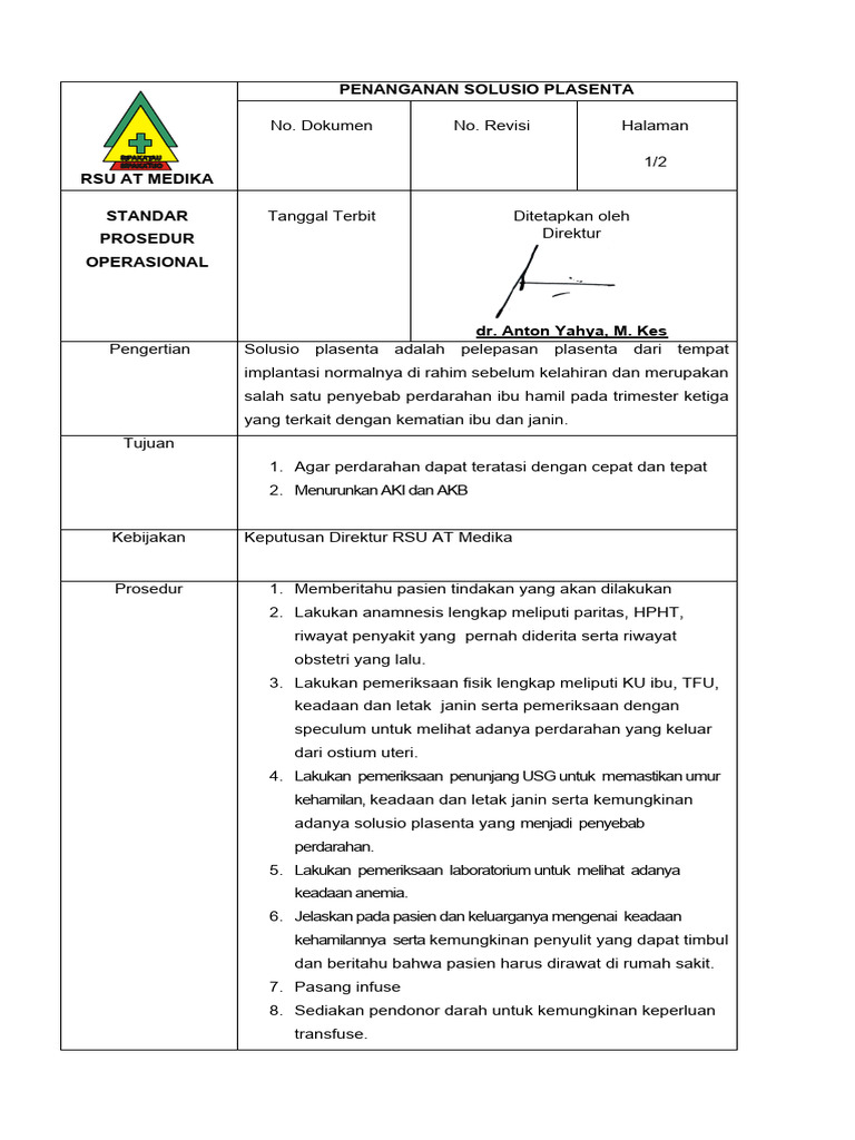 Sop Solusio Plasenta | PDF