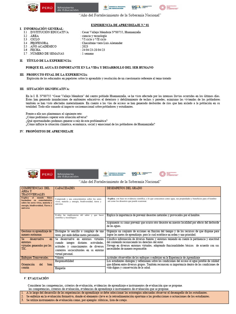 EXPERIENCIA DE APRENDIZAJE N 2 CT El Agua | PDF | Evaluación | Aprendizaje