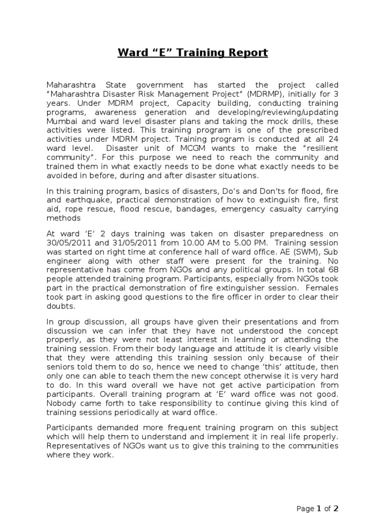 Ward “ E” Training Report | Emergency Management | Cognition