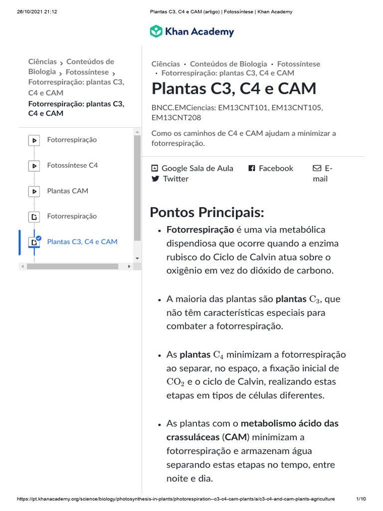 Plantas C3, C4 e CAM (Artigo) - Fotossíntese - Khan Academy | PDF