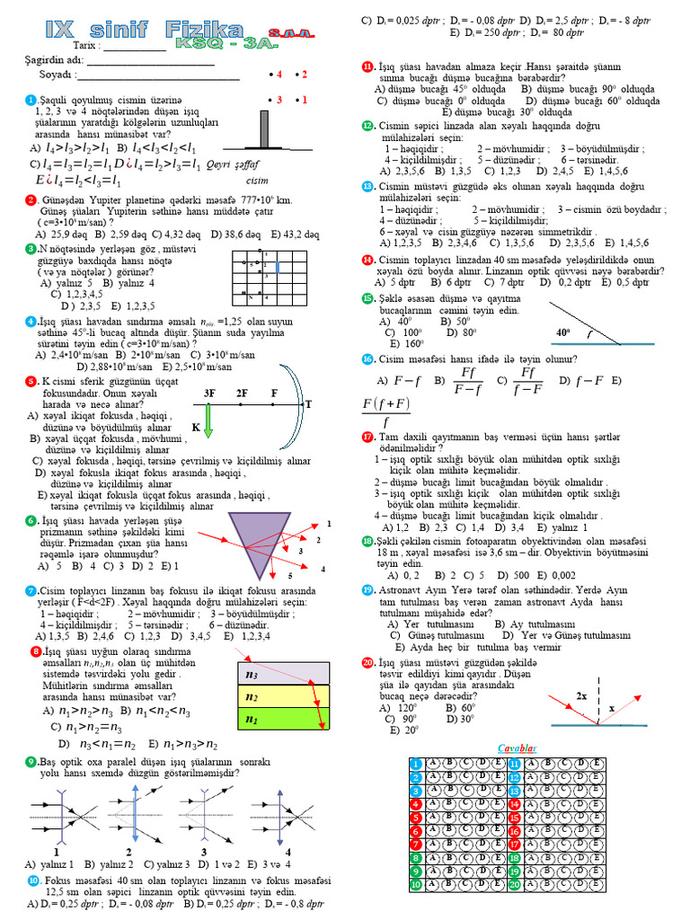 IX Sinif Fizika KSQ-3.Variant A VƏ B. | PDF
