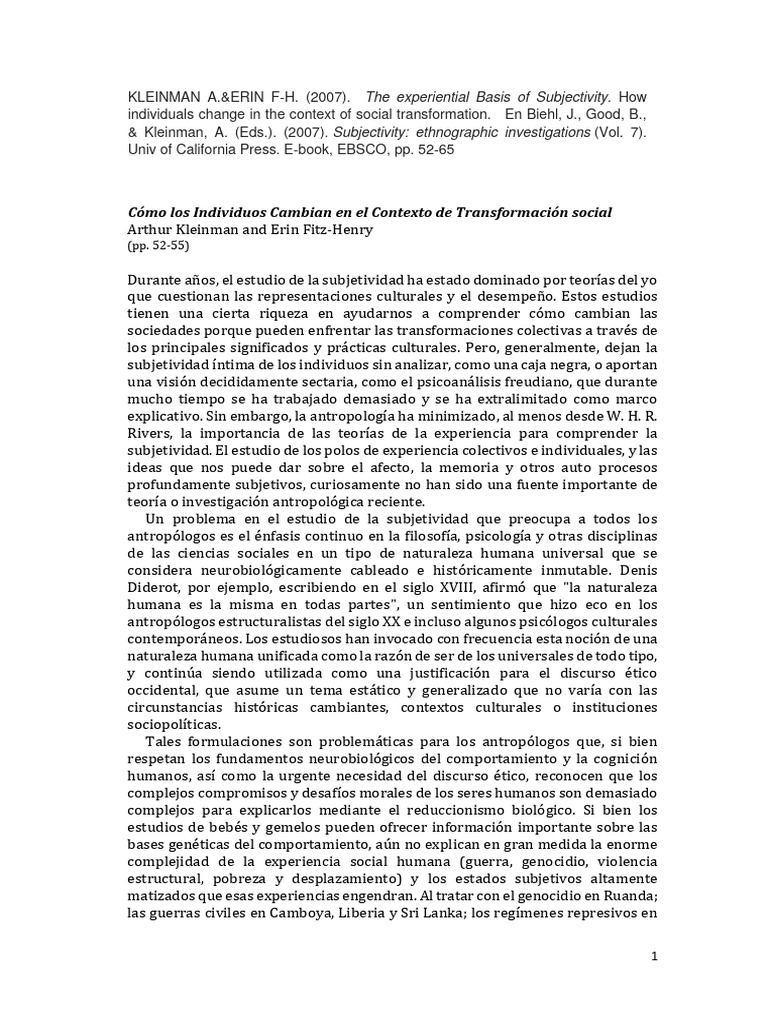 KLEINMAN A & ERINJ La Base Experiencial de La Subjetividad | PDF | Ciencias sociales