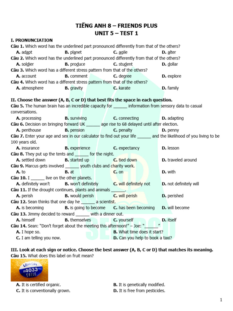 Tieng Anh 8 Friends Plus - Unit 5 - Test 1 | PDF