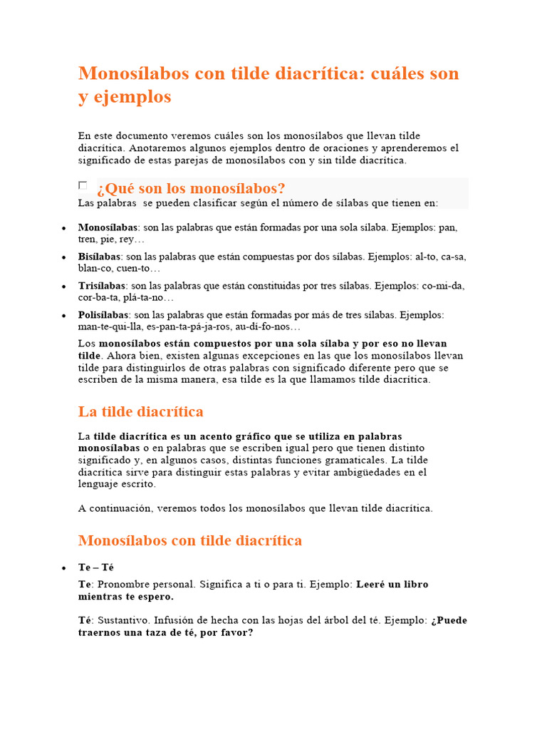 Monosílabos Con Tilde Diacrítica | PDF