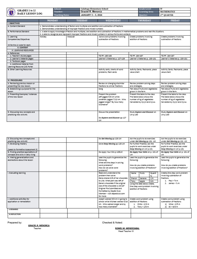 Dll Mathematics 4 q2 w7 | PDF | Flashcard | Learning