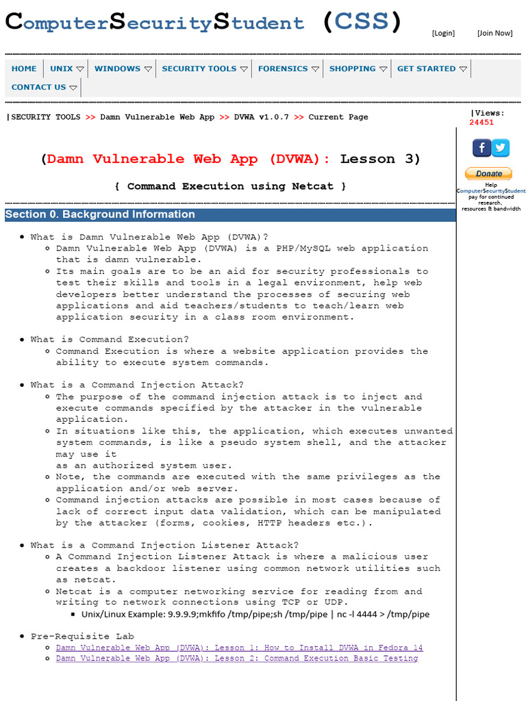 Damn Vulnerable Web App (DVWA) Lesson 3 Command Execution using Netcat | PDF
