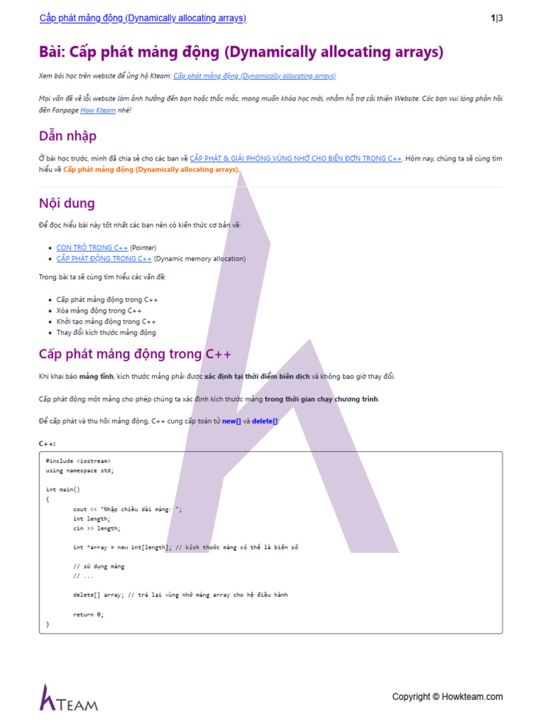 Howkteamvn Cấp Phát Mảng động Dynamically Allocating Arrays Pdf 