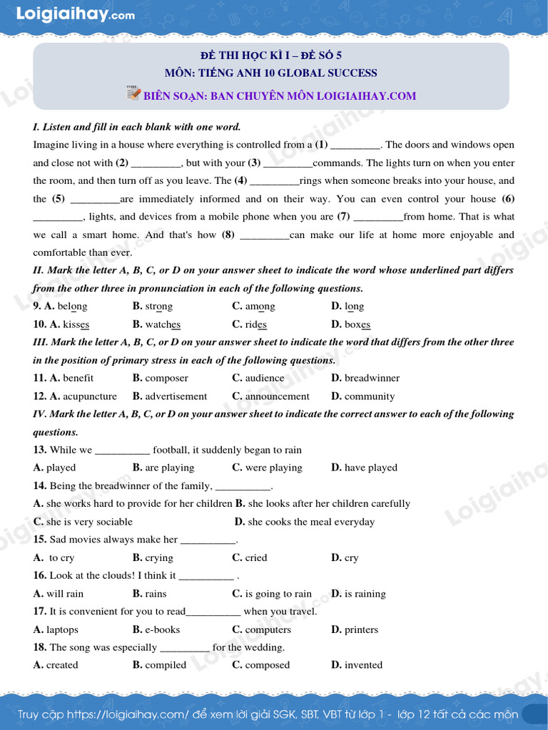 De Thi Hoc Ki 1 Tieng Anh 10 Global Success de So 5 1669620686 | PDF