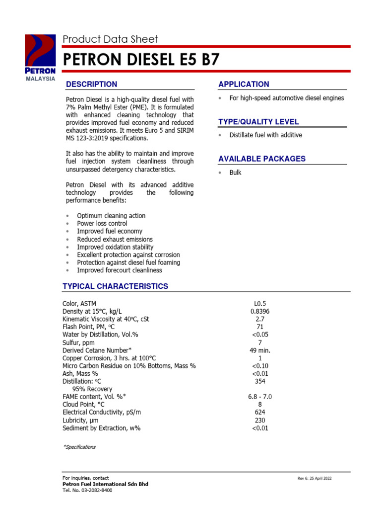 Petron Diesel E5 B7 Product Overview | PDF