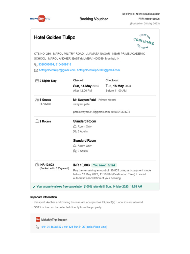 Hotel Booking Confirmation Voucher | PDF