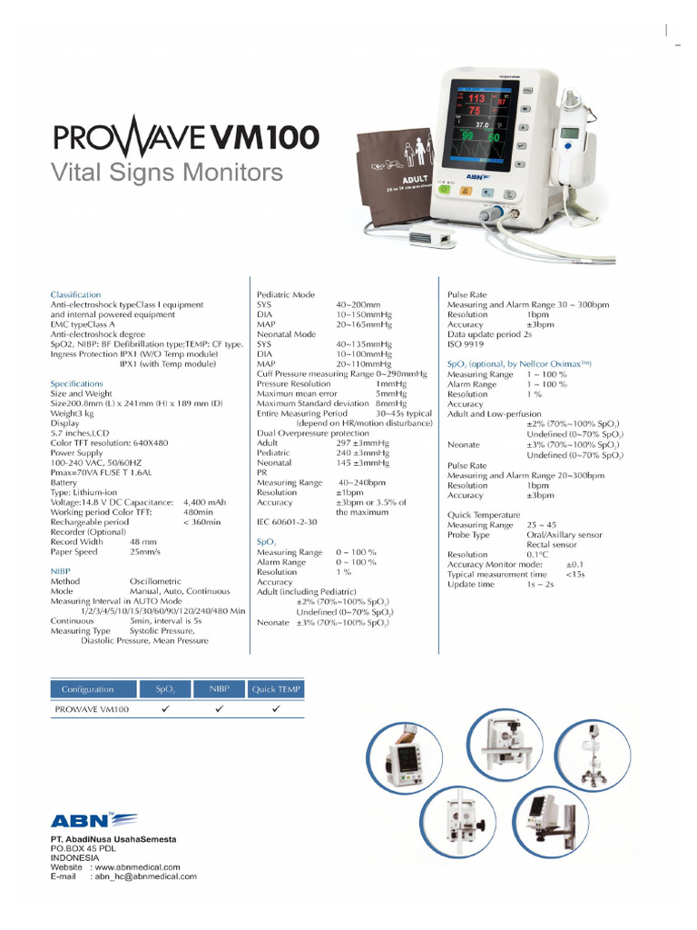 Spesifikasi ABN Prowave Vital Sign Monitor Mobile Model | PDF