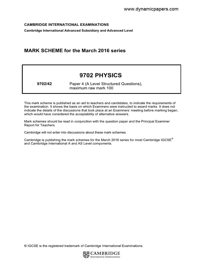 9702 PHYSICS: MARK SCHEME For The March 2016 Series | PDF