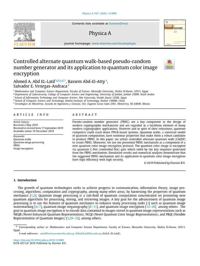 2020 Controlled alternate quantum walk-based pseudo-random number generator and its application ...