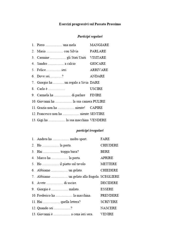 Exercises on Passato Prossimo | PDF