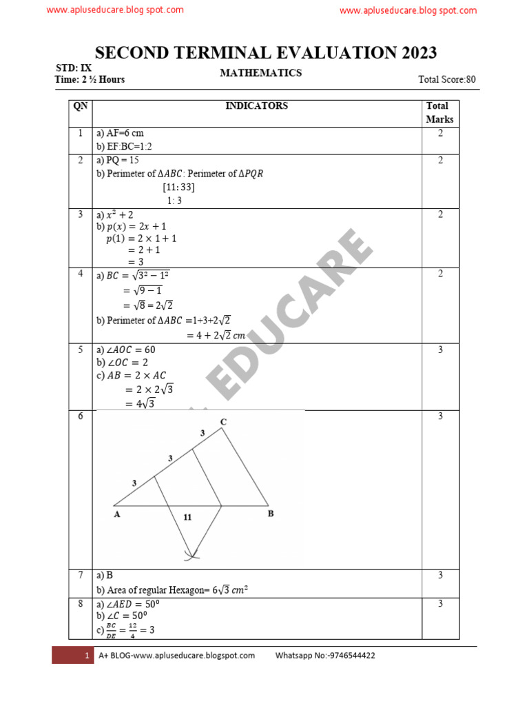 A+ Blog-std-9-Mathematics Second Term Exam 2023-Em Ans | PDF | Area | Metrology