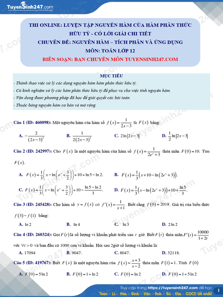 10 BTVN Luyen Tap Nguyen Ham Cua Ham Phan Thuc Huu Ty | PDF