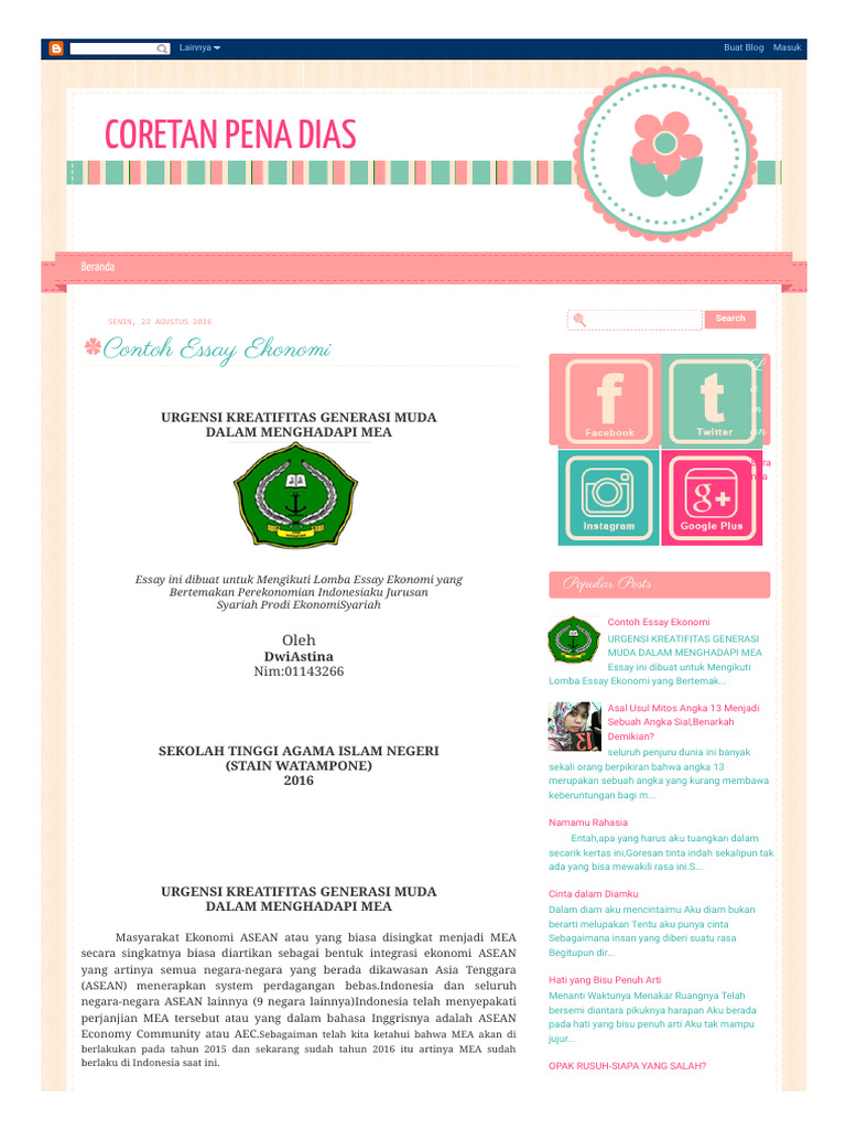 Contoh Essay Ekonomi - CORETAN PENA DIAS010451 | PDF