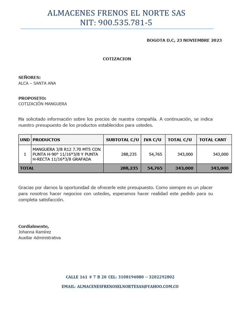 Cotizacion Alca 23noviembre2023 - Manguera 3-8R12 | PDF | Negocios
