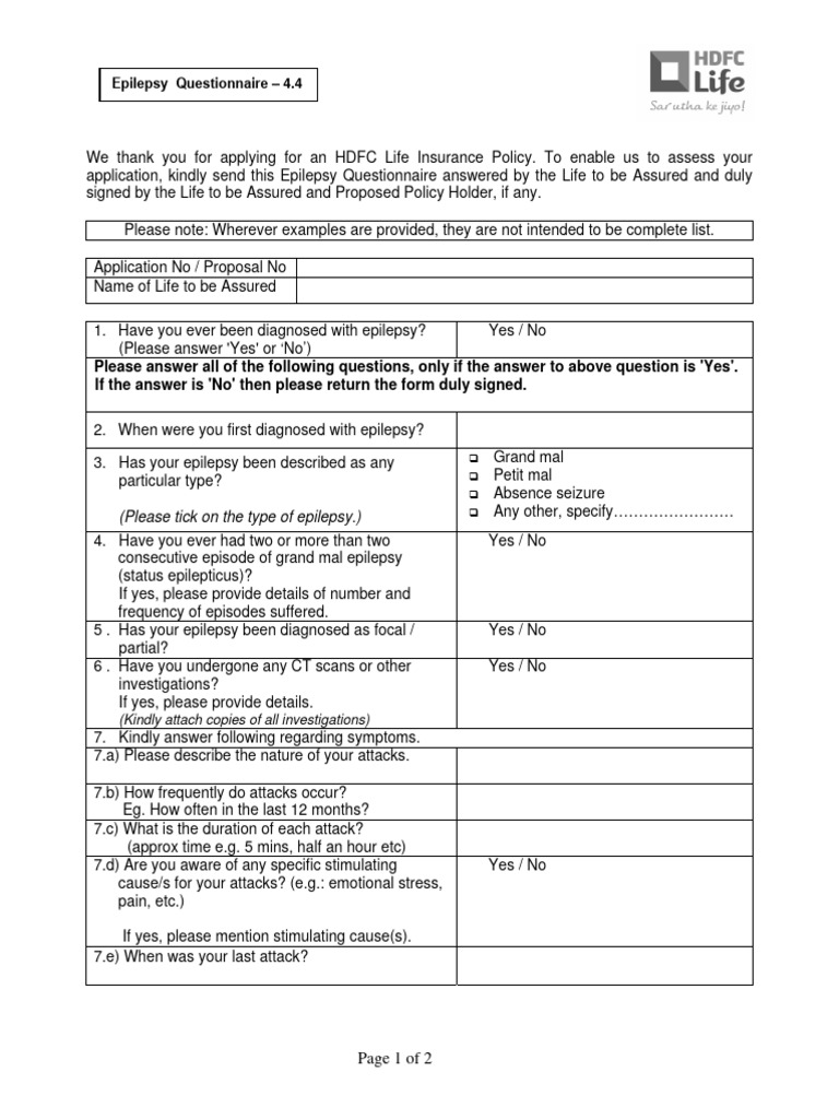 HDFC Life Epilepsy Questionnaire Form | PDF | Career & Growth