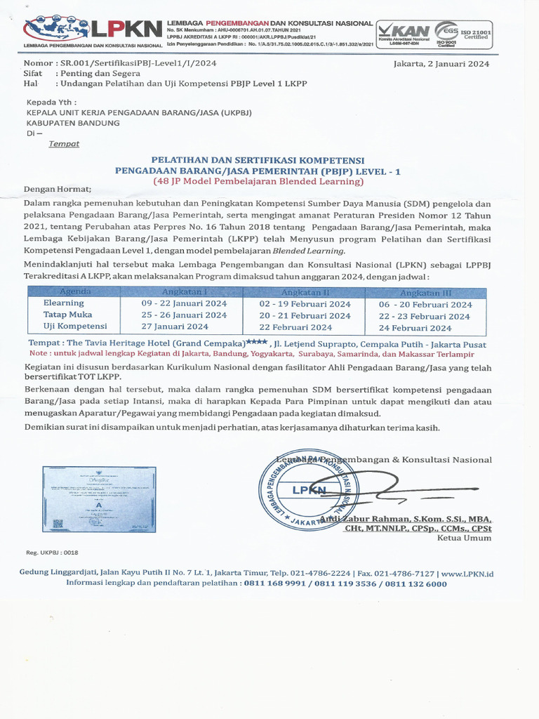 Lpkn. Undangan Pelatihan Dan Uji Kompetensi PBJP Level 1 LKPP | PDF