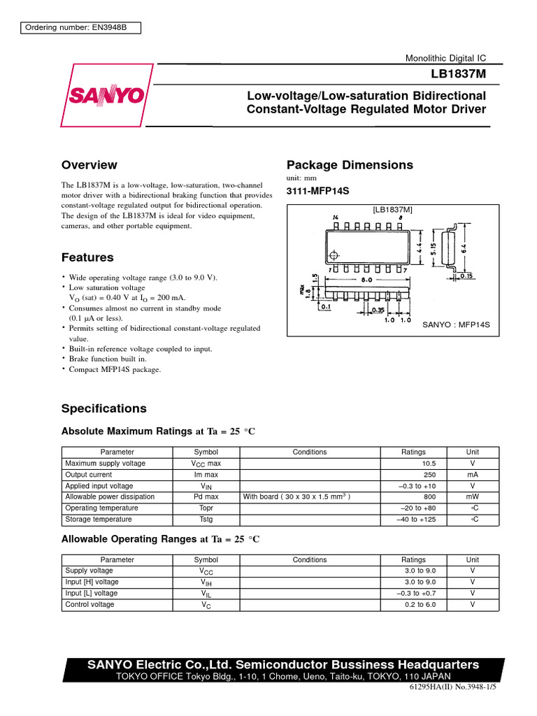 LB1837M - Low-Voltage - Low-Saturation Bidirectional Const-Volt ... LB1837M - Low-Voltage - Low-Saturation Bidirectional Const-Volt ...
