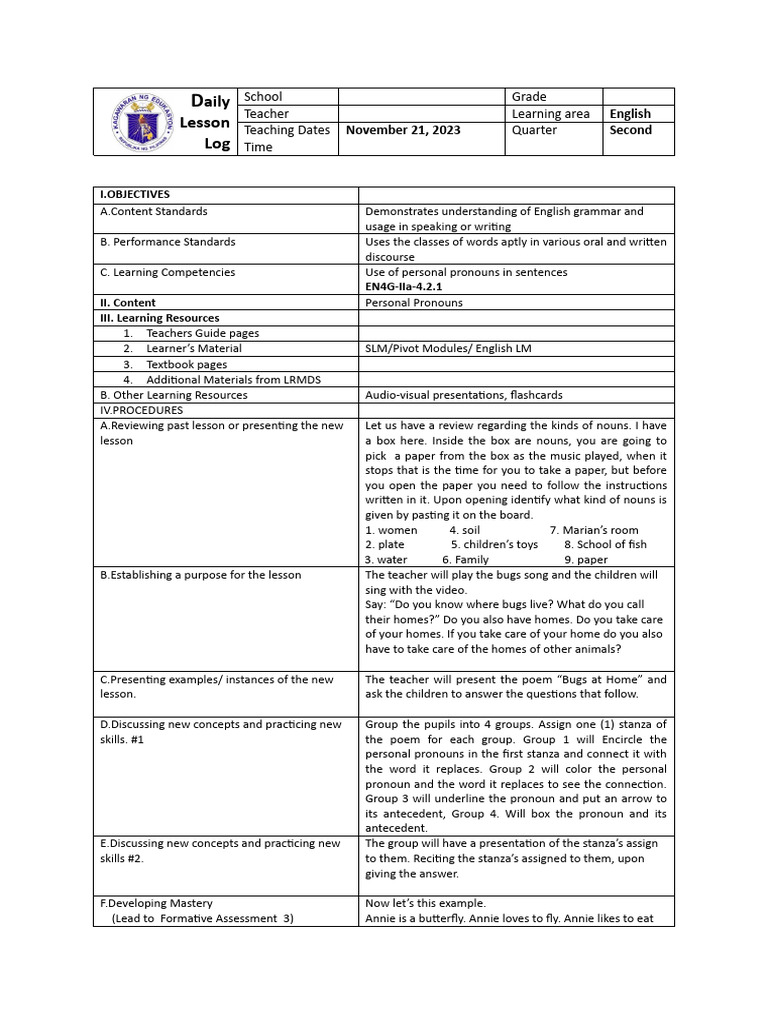COT 1 Lesson Plan in English G4 Q2 W3 | PDF