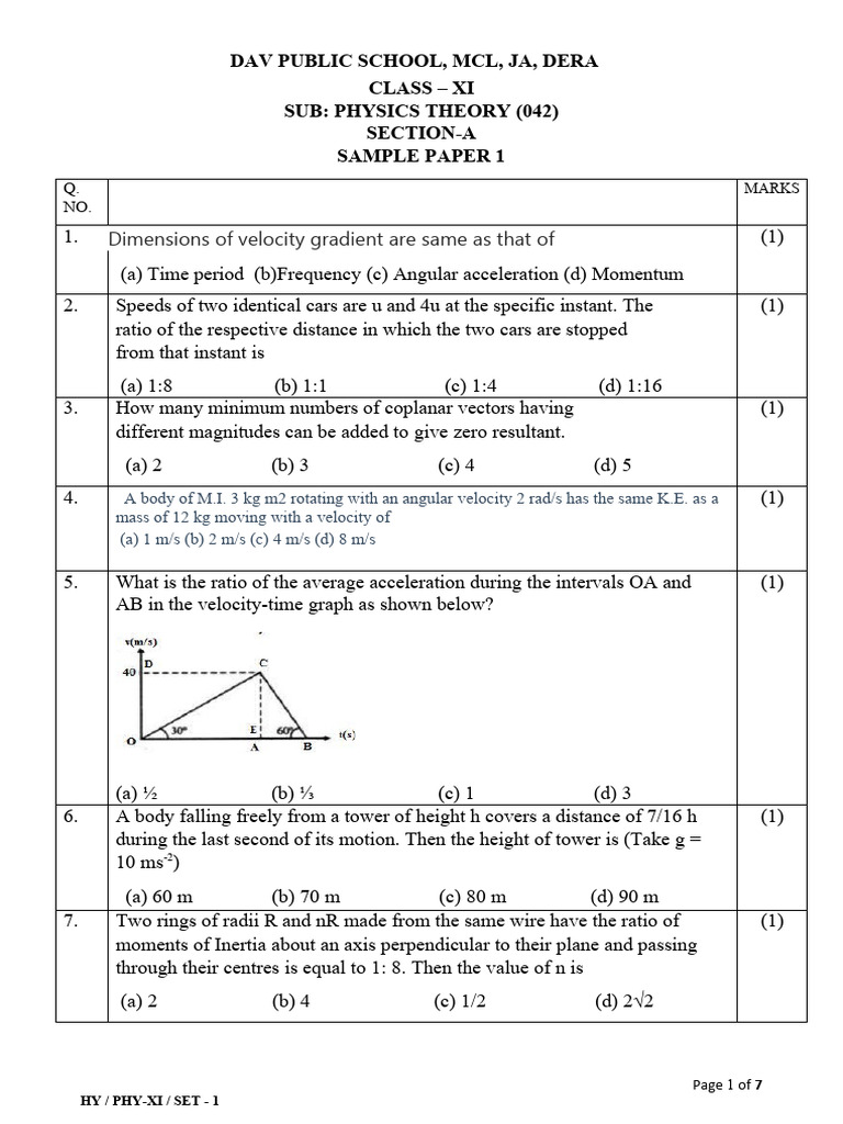 CLASS XI PHYSICS SAMPLE PAPER | PDF | Force | Newton's Laws Of Motion