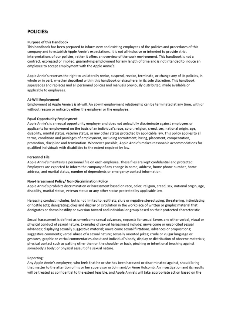 Apple Annie's Employee Policies | PDF