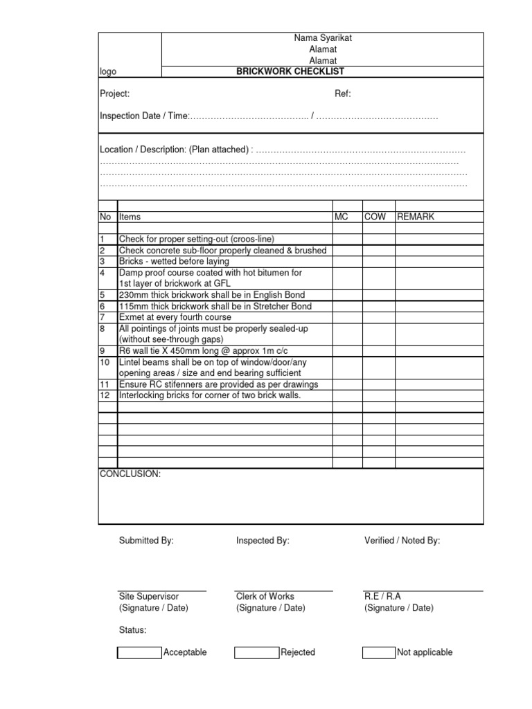 Inspection Form - Brickwork | PDF
