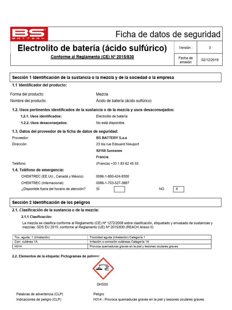 BS Battery MSDS Acid Pack Un2796 B V3 Es | PDF | Agua | Dirigir
