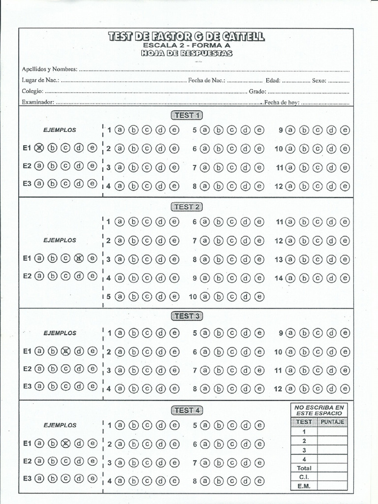 CATELL - HOJA DE RESPUESTAS - Test Factor G Escala 2 - 8 A 14 Años | PDF