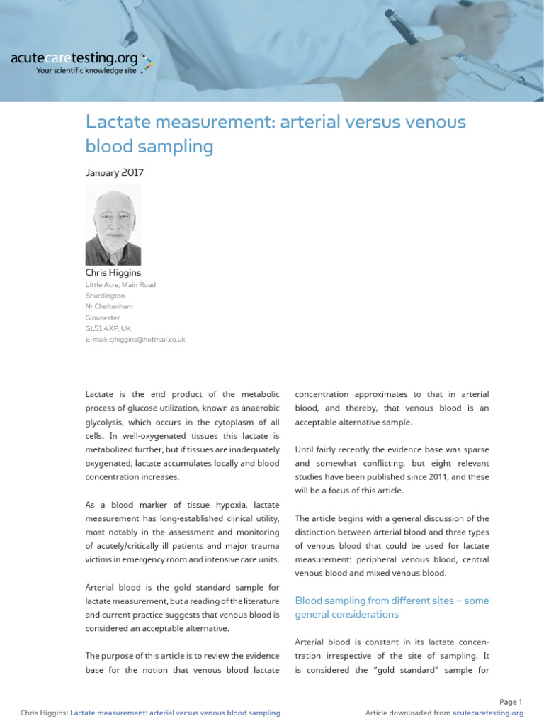 Lactate Measurementarterial Versus Venous Blood Sampling | PDF