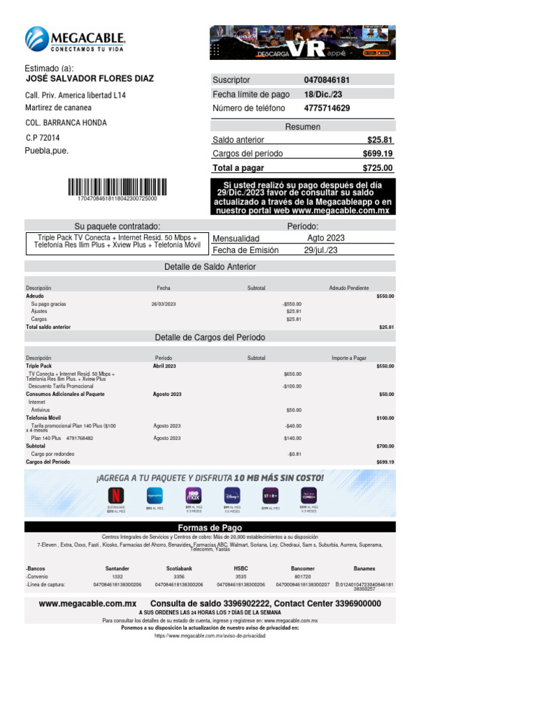 Recibo Megacable | PDF | Venta al por menor | Empresas minoristas