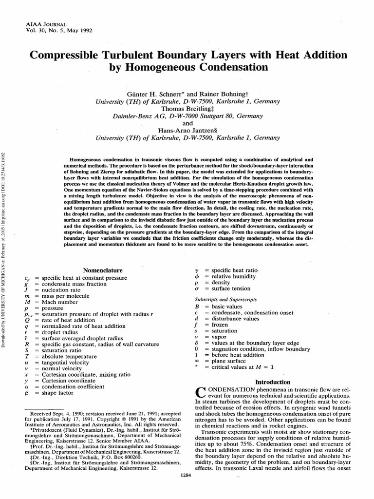 Compressible Turbulent Boundary Layers With Heat Addition by Homogeneous Condensation | PDF ...