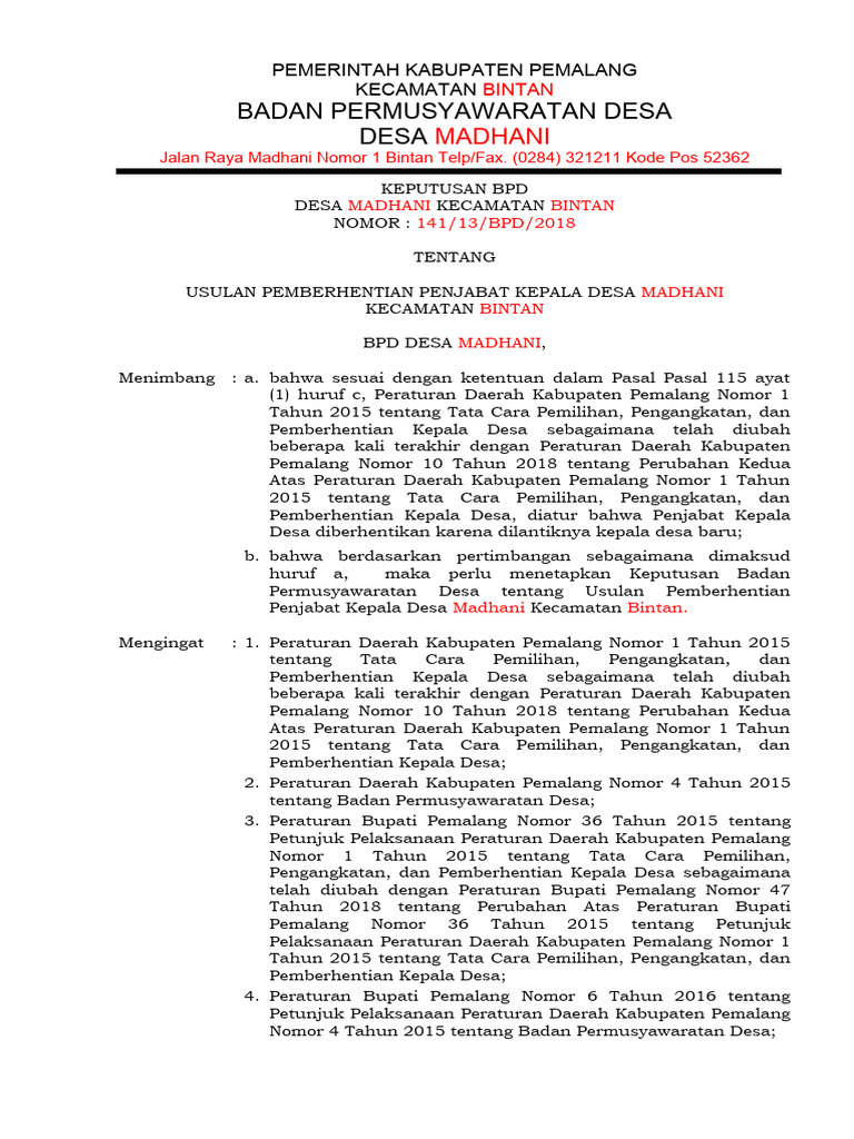 Bekal BPD Contoh Keputusan BPD Usulan Pemberhentian Penjabat Kades | PDF