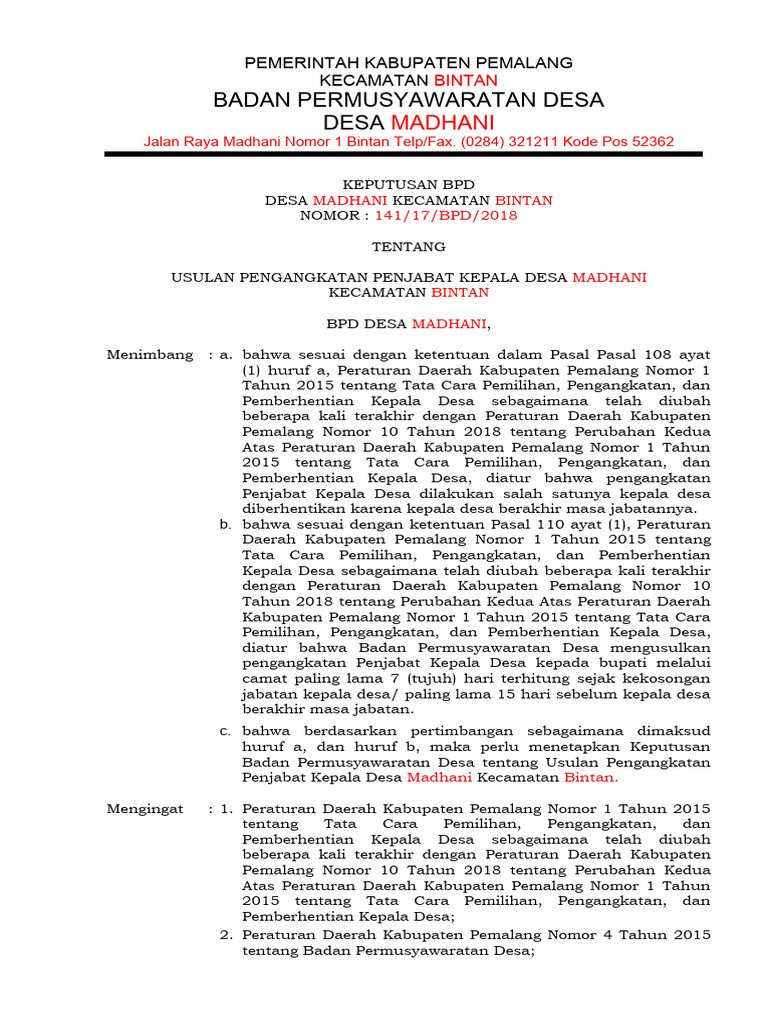 Bekal BPD Contoh Keputusan BPD Usulan Pengangkatan Penjabat Kades | PDF