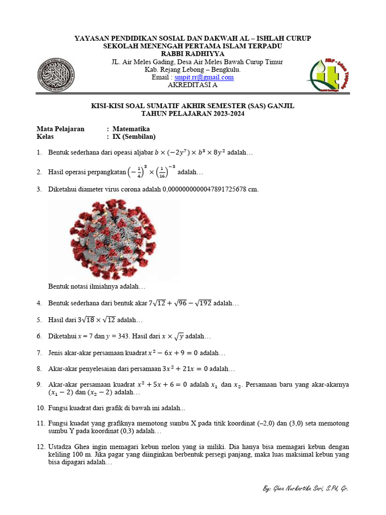 KISI-KISI - Soal IX - 2324 - SAS Semester 1 - Matematika - GH | PDF