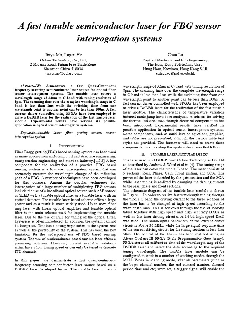 IEEE Sensors Paper 1441 - A Fast Tunable Semiconductorlaser For FBG Sensor Interrogation Systems ...