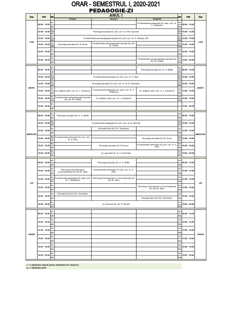 2021 s1 Orar Lic Ped 7 | PDF